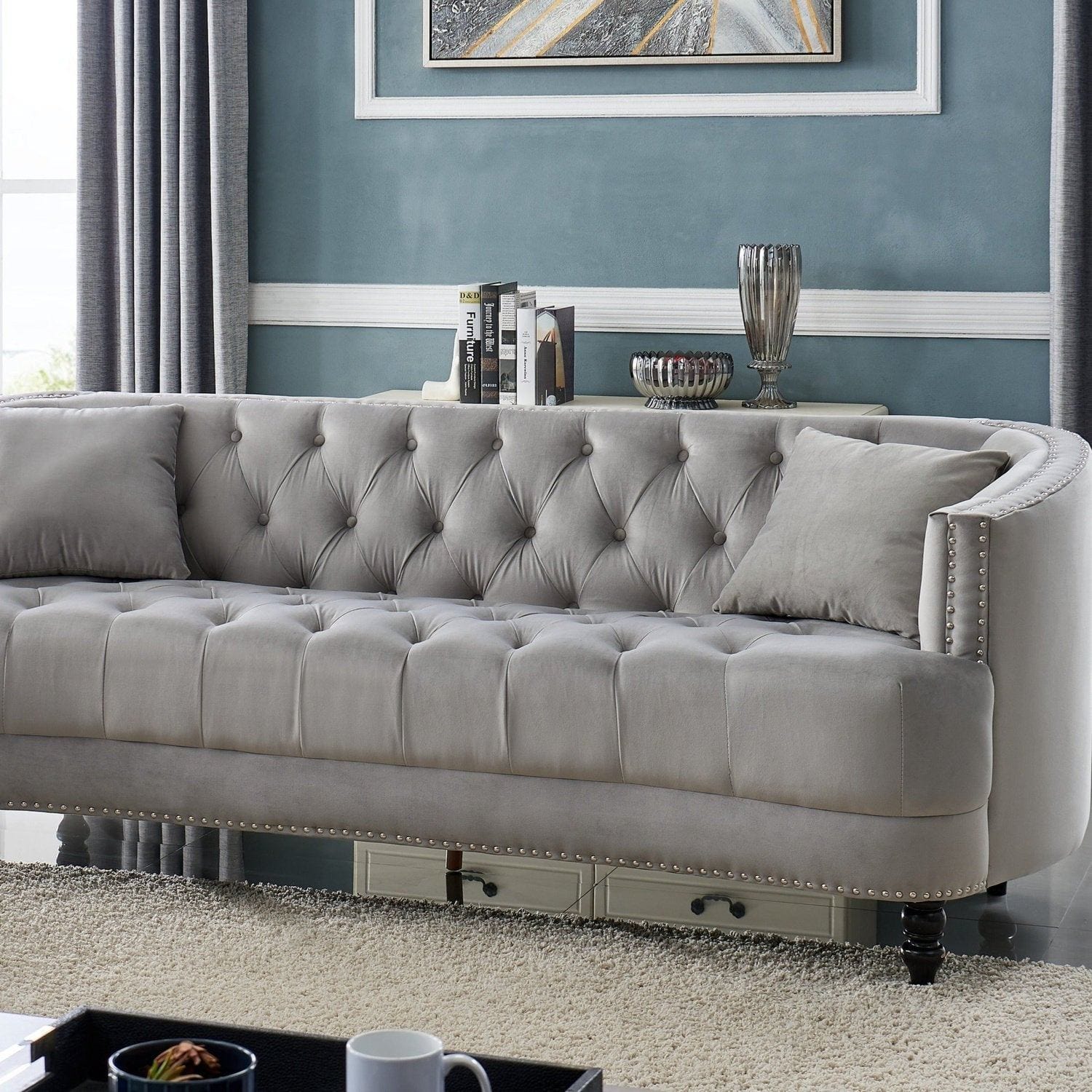 Grey Velvet Sofa With Nailheads | Cabinets Matttroy